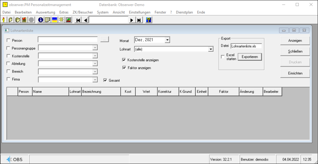 1.3.9.4 Lohnartenliste – –obserwer-Produktlinie–